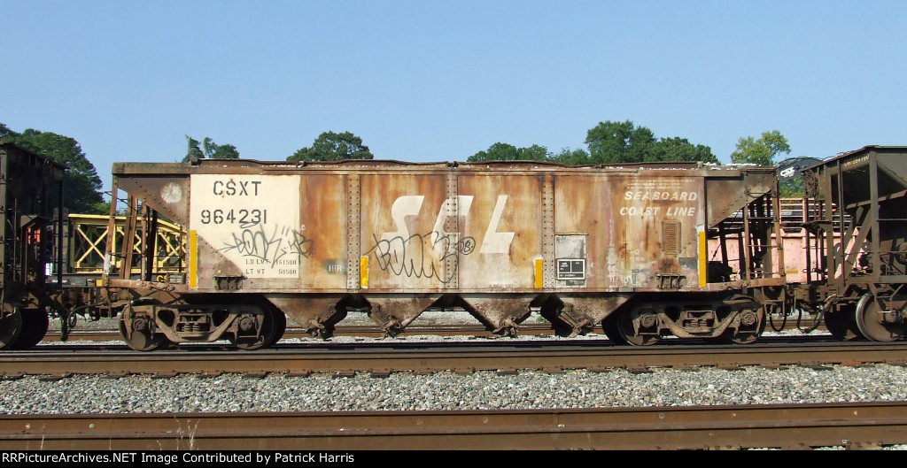 CSXT 964231 -side view- X-SCL U-12 phosphate covered hopper converted to MOW ballast service on ...